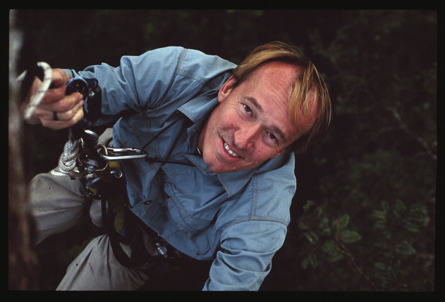 Patrick Blanc reaching the tree crown for Ushuaia magazine interview ...